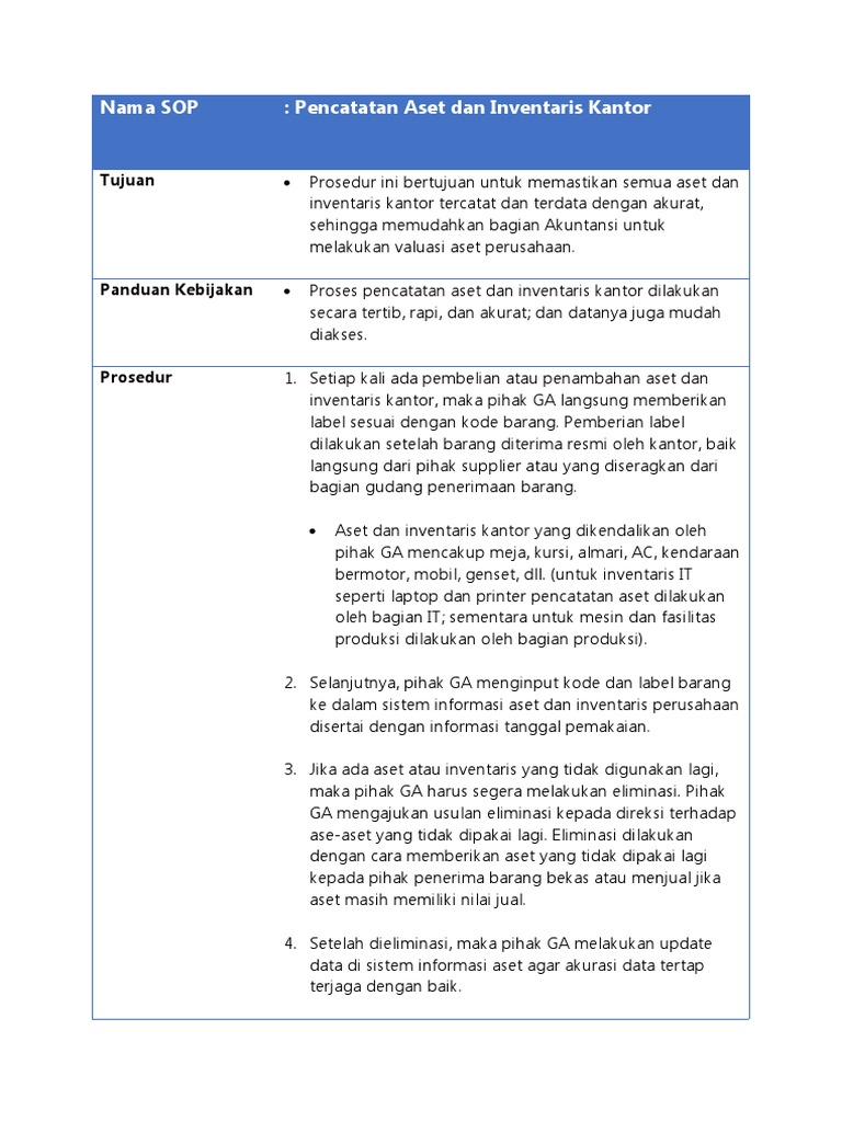 07 SOP Pencatatan Inventaris Dan Aset Kantor | PDF