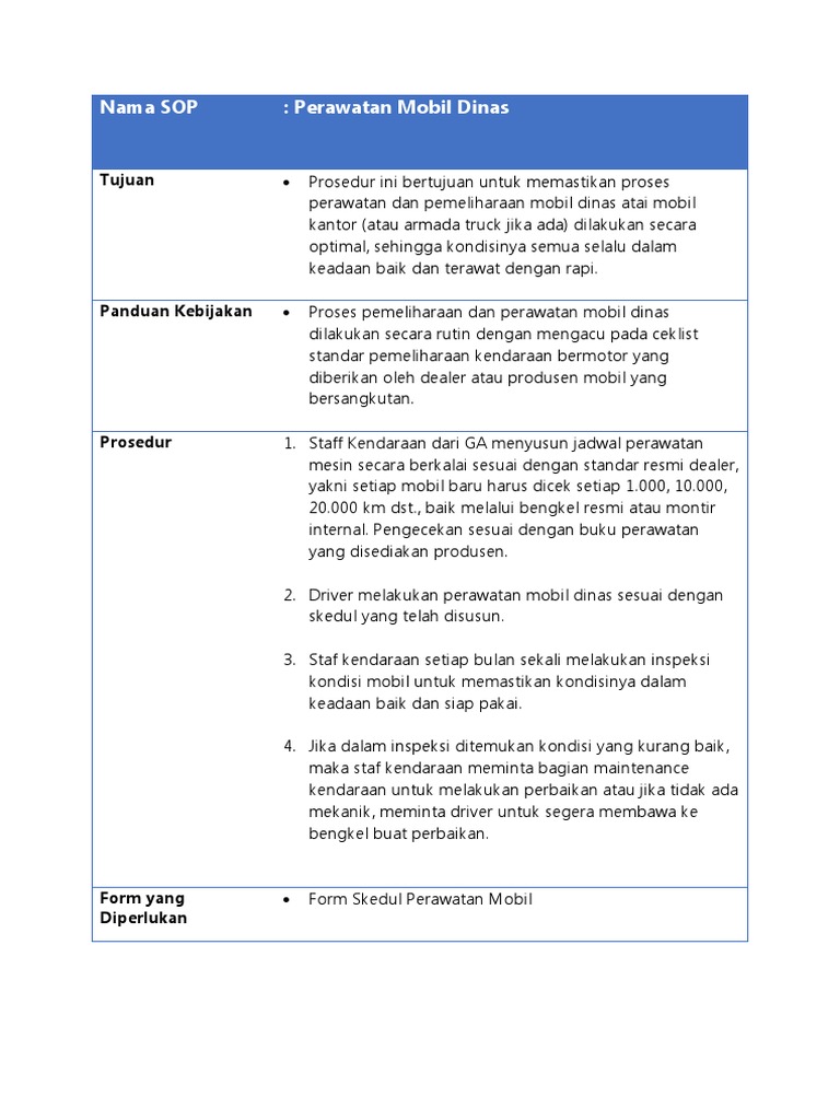 05 SOP Perawatan Mobil Dinas | PDF | Pengelolaan Keuangan & Uang ...