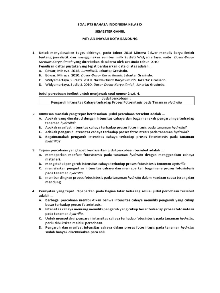 Soal PTS Bahasa Indonesia Kelas Ix Ganjil | PDF