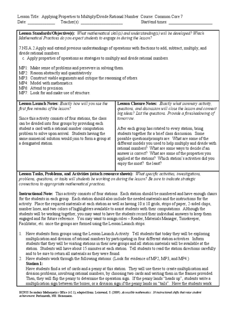 7 Ns A 2c Lesson Applying Properties To Rational Numbers | PDF ...