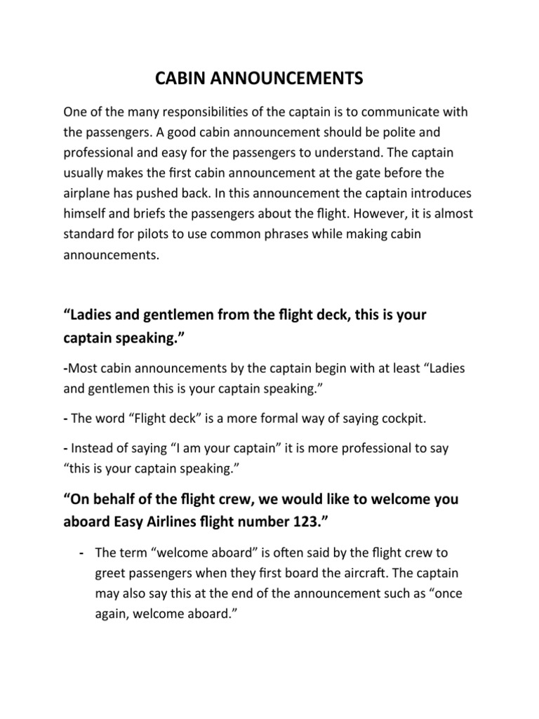 Cabin Announcements: "Ladies and Gentlemen From The Flight Deck, This ...
