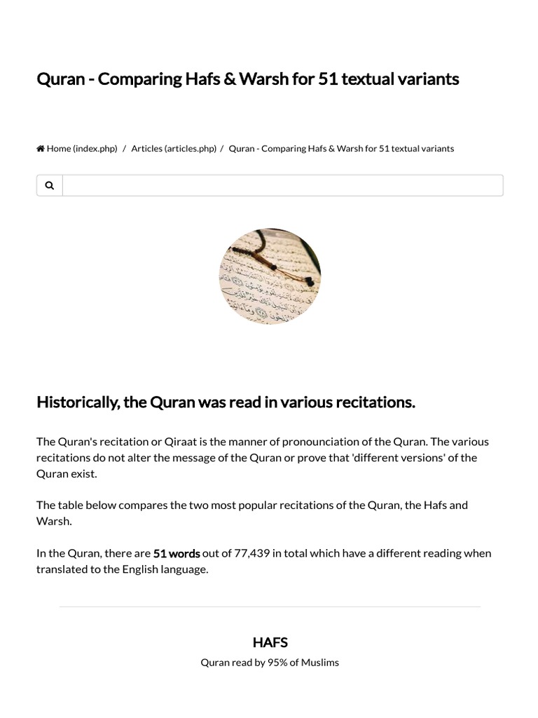 Quran - Comparing Hafs & Warsh For 51 Textual Variants | PDF | Prophets ...