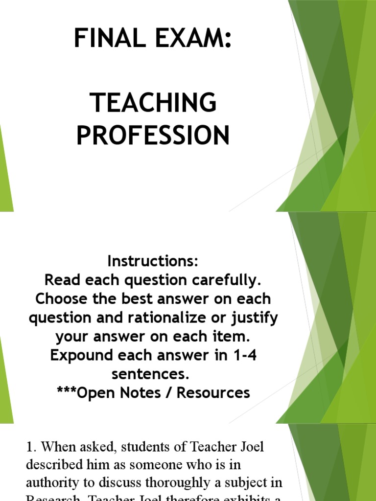 FINAL EXAM: TEACHING PROFESSION | PDF | Educational Assessment | Teachers