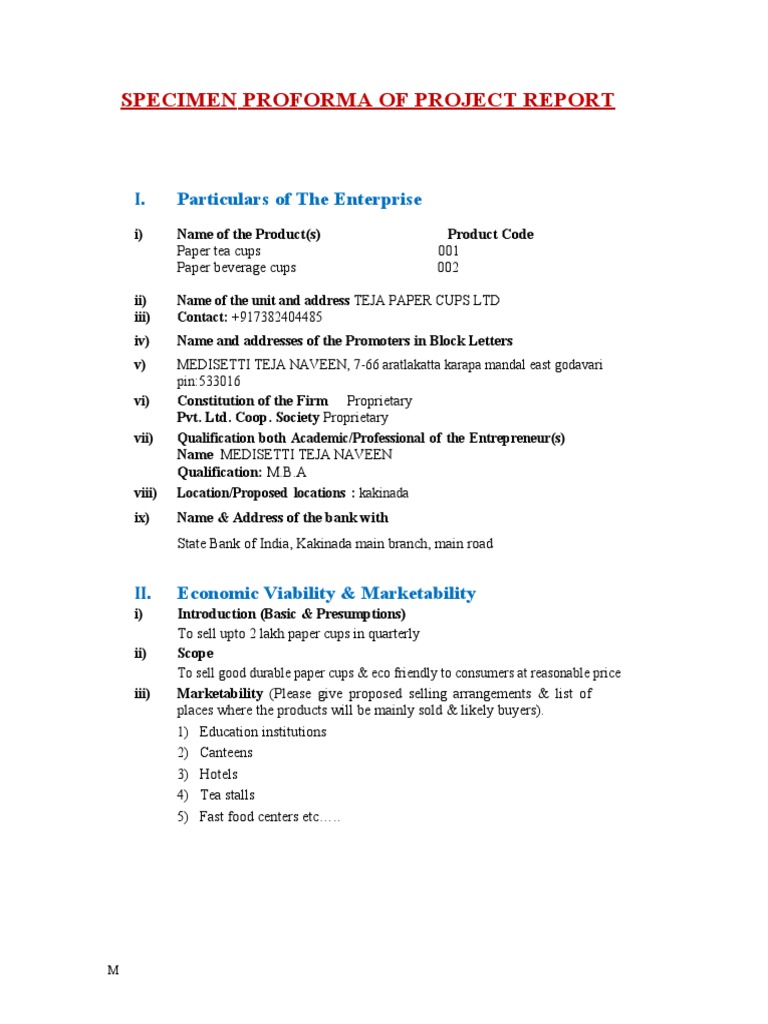 Specimen Proforma OF Project: I. Particulars of The Enterprise | PDF ...