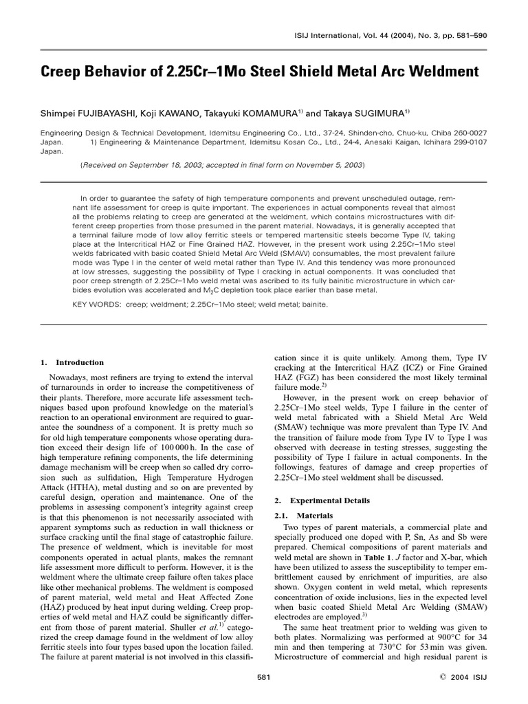 Creep Behavior of 2.25Cr-1Mo Steel Shield Metal Arc Weldment | PDF ...