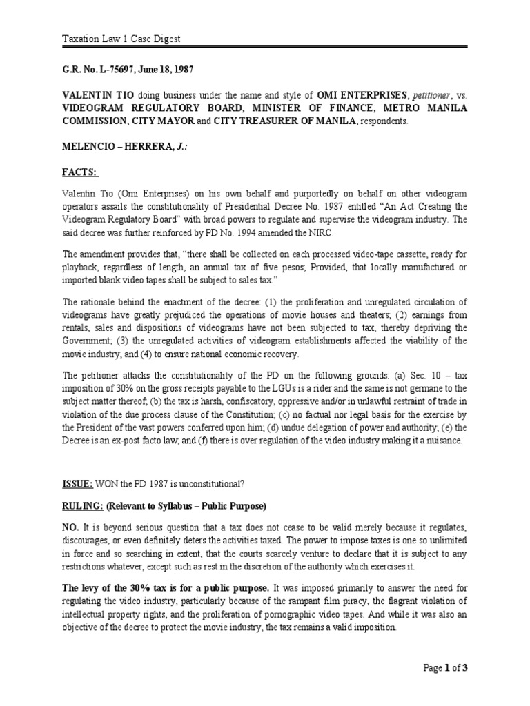 Tio v. Videogram Regulatory Board, 151 SCRA 208 Case Digest | PDF ...