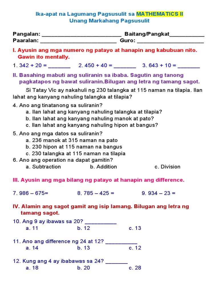 Ika Apat Na Lagumang Pagsusulit Sa Math II1st Grading Edited | PDF