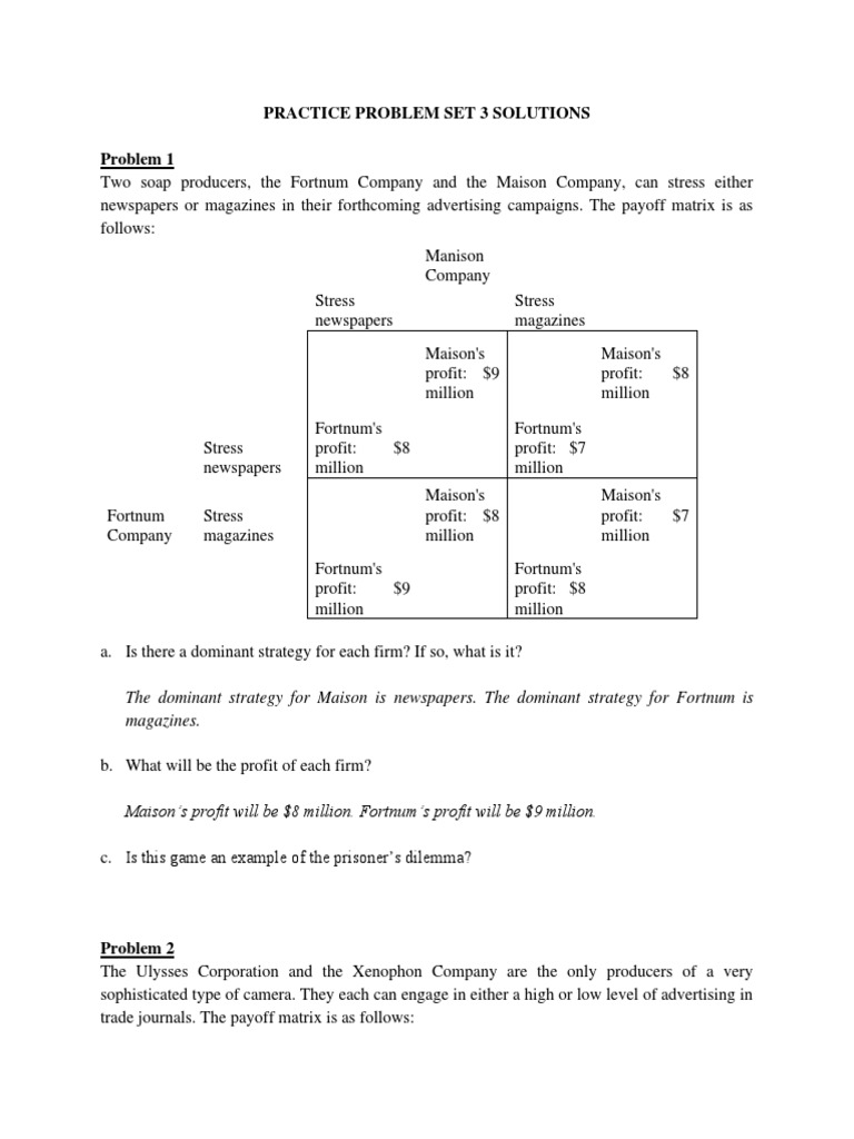Practice Problem Set 3 Solutions | PDF | Game Theory | Economics Of Uncertainty