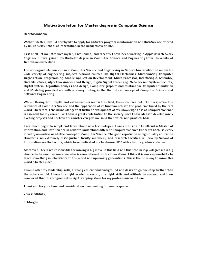 Master's Motivation Letter for CS at UCB | PDF | Computer Science | Science