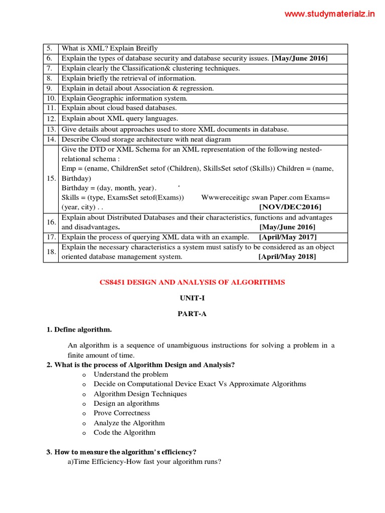 Cs8451 Design and Analysis of Algorithms: Unit-I Part-A 1. Define Algorithm | PDF | Mathematical ...