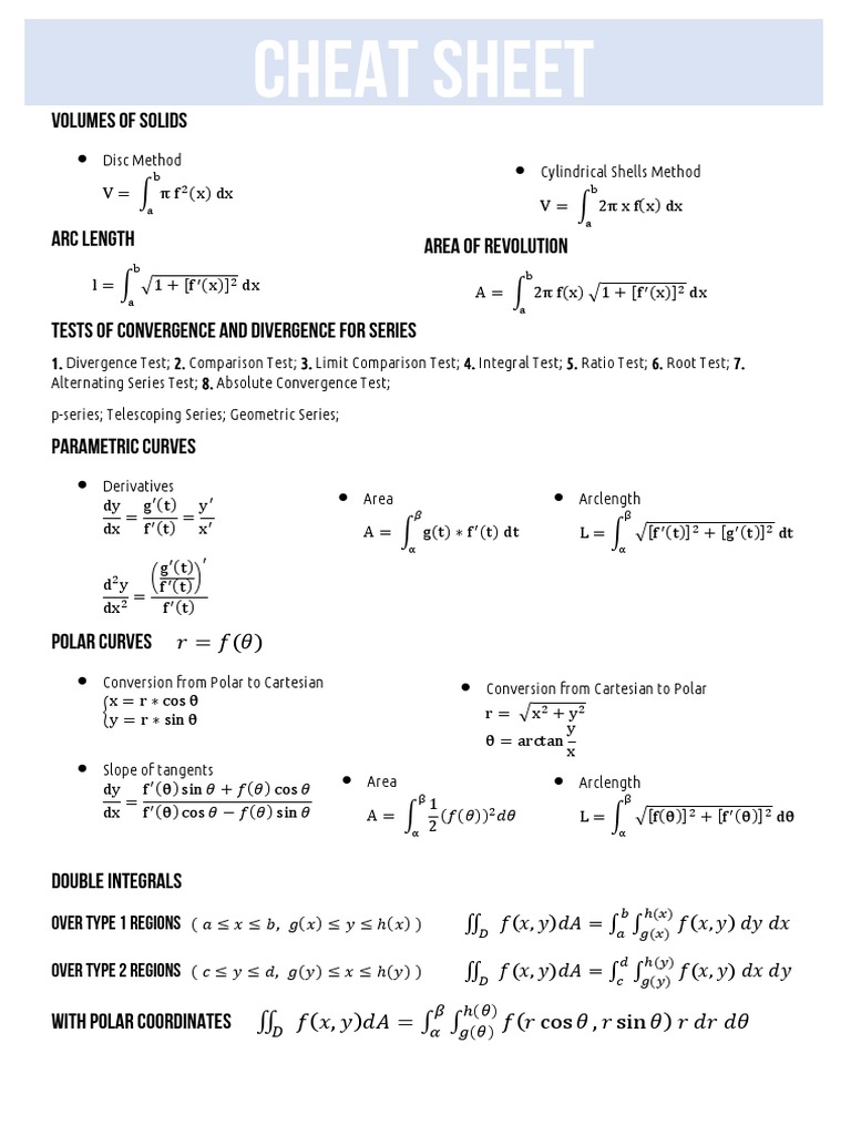 Cheat Sheet: Volumes of Solids | PDF | Sine | Elementary Mathematics