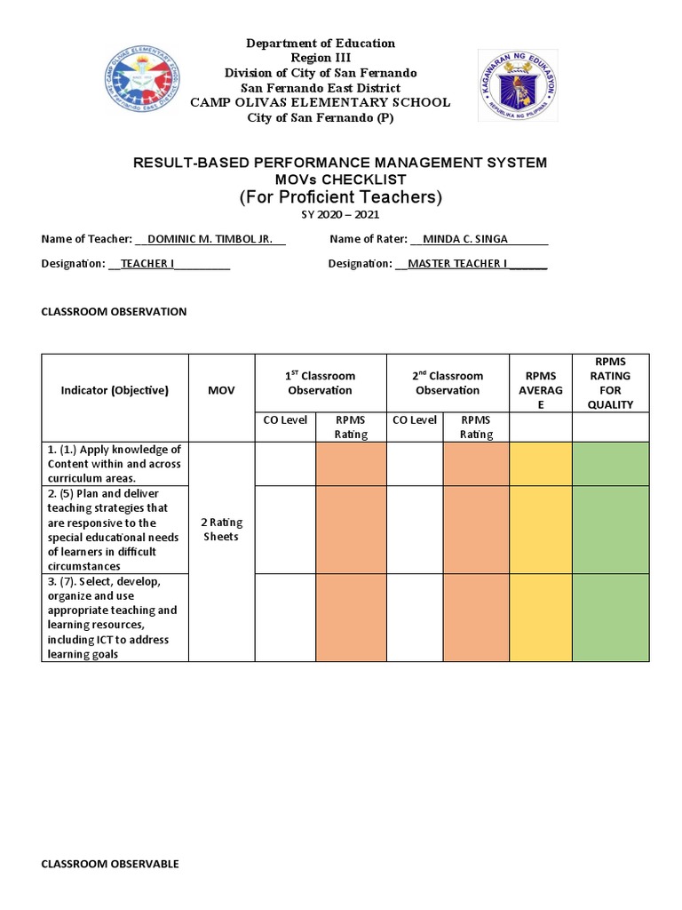 (For Proficient Teachers) : Result-Based Performance Management System ...