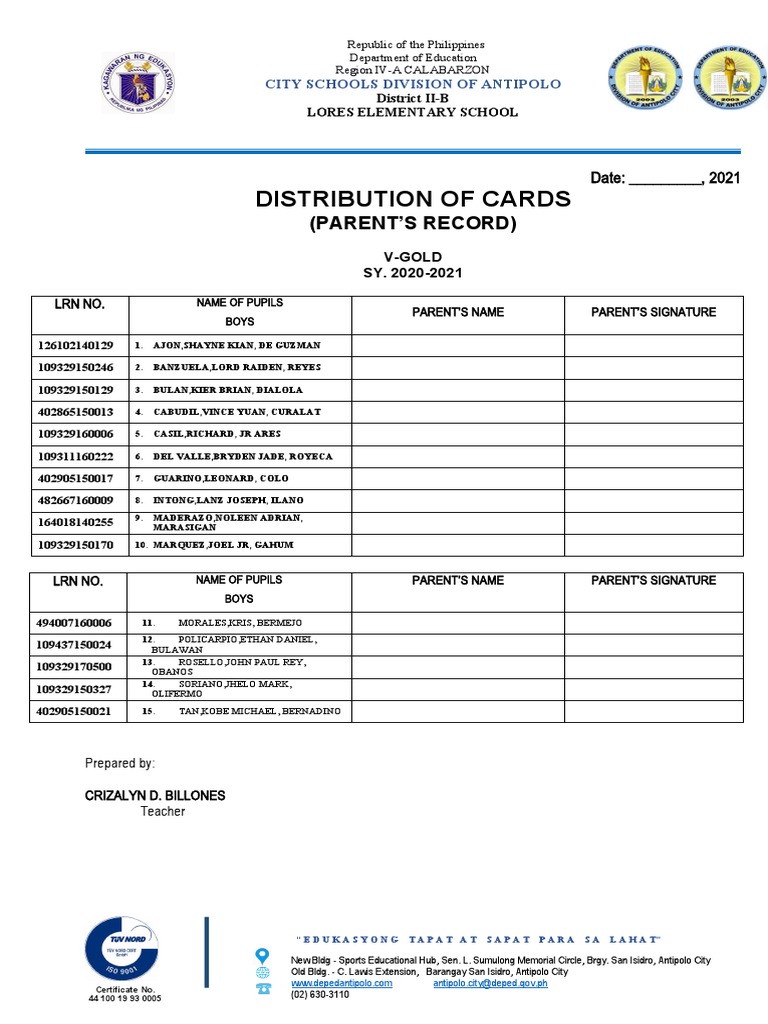 Distribution of Cards: (Parent'S Record) | PDF