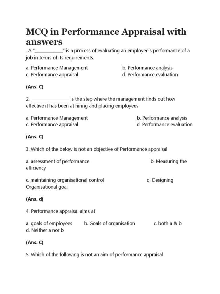 MCQ in Performance Appraisal With Answers | PDF | Performance ...