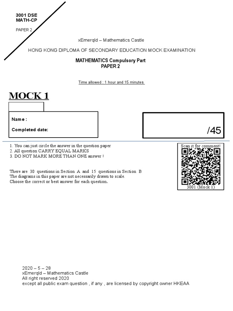 Maths Mock 1, Paper 2 (3001) | PDF | Circle | Area