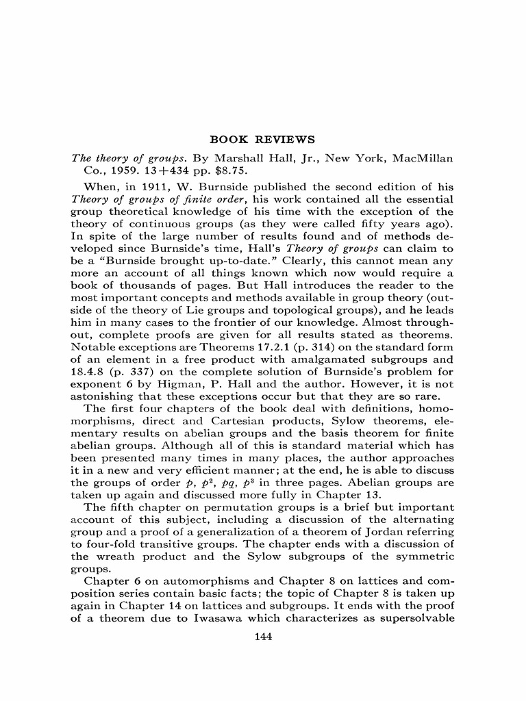 The Theory of Groups. by Marshall Hall, JR., New York, Macmillan | PDF ...