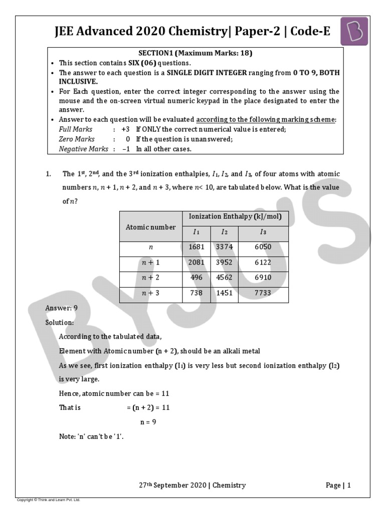 JEE Advanced 2020 Question Paper Chemistry Paper 2 | PDF | Mole (Unit ...