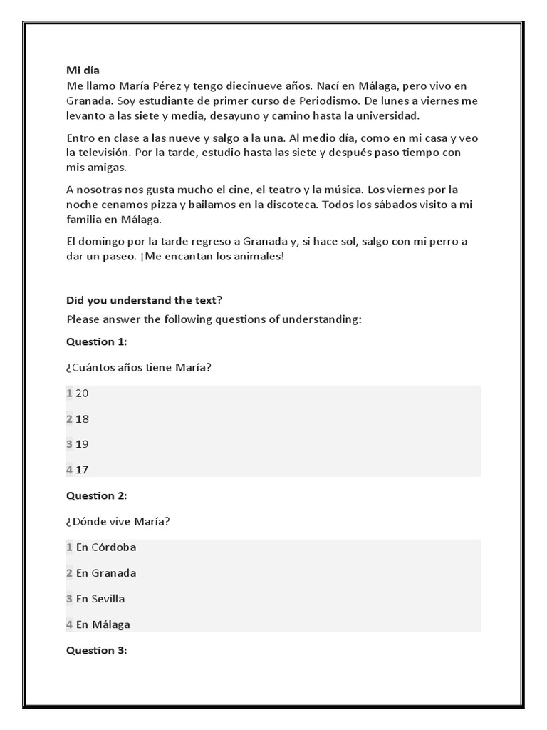Mi Día - Reading Comprehension | PDF | Novela negra, policíaca y ...