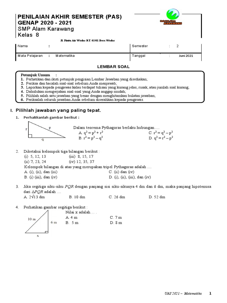 Soal UAS MTK Kelas 8 | PDF