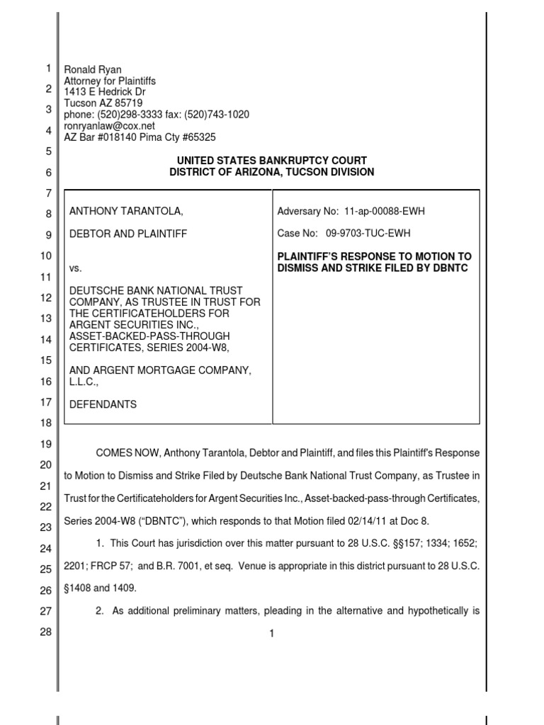 RESPONSE TO DBNTC MOTION TO DISMISS | Federal Rules Of Civil Procedure ...