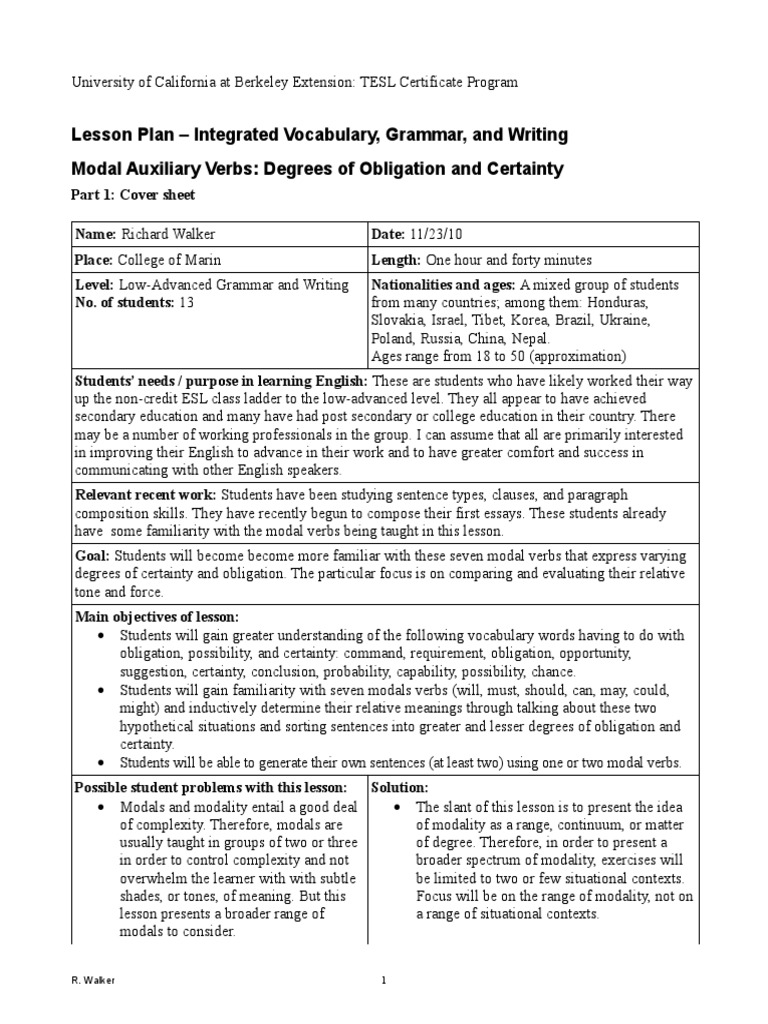 Teaching Modal Verbs: Lesson Plan | PDF | Verb | English Language