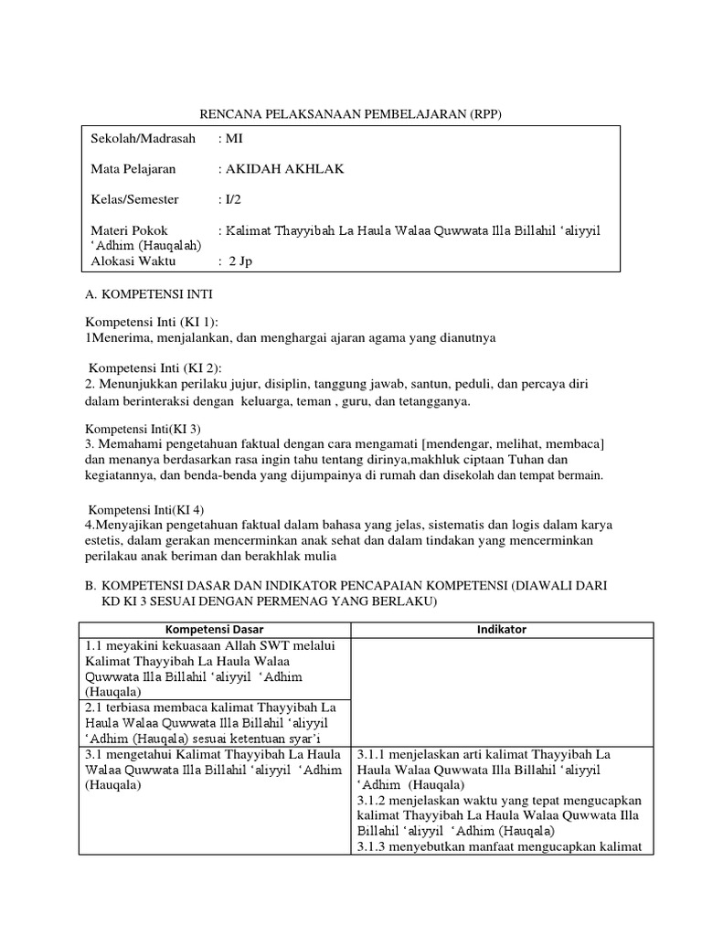 RPP Akidah Akhlak: Kalimat Hauqalah | PDF | Karier & Perkembangan | Seni & Disiplin Bahasa