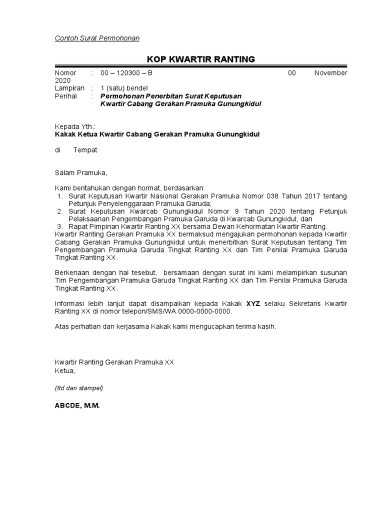 Contoh Surat Permohonan SK Kwarcab - Tim Pelaksana Pengembangan Dan Tim Penilai Tingkat Ranting ...