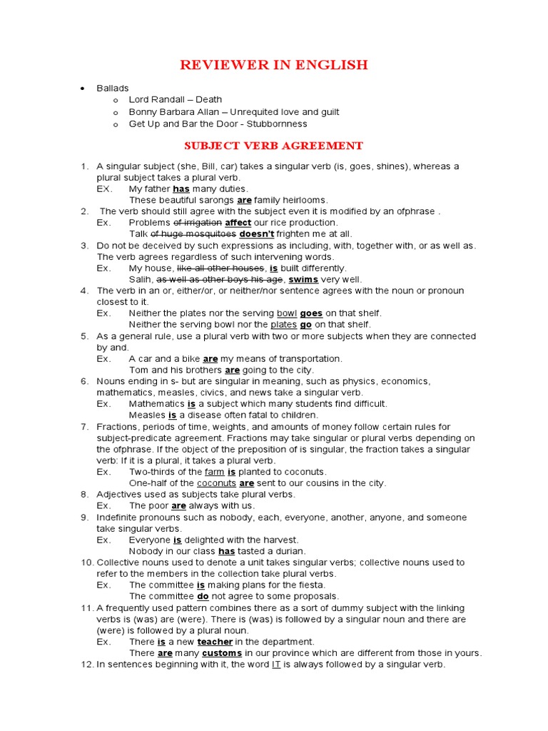 Reviewer in English: Subject Verb Agreement | PDF | Plural ...