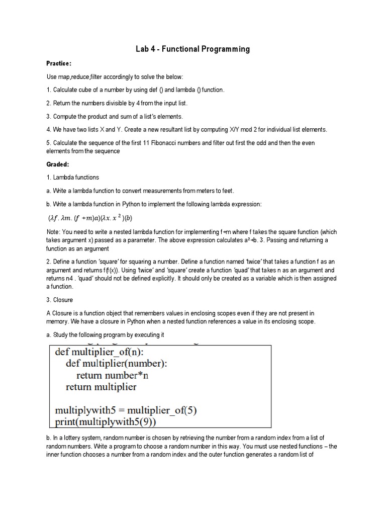 Lab 4 - Functional Programming: Practice | PDF | Anonymous Function | Parameter (Computer ...
