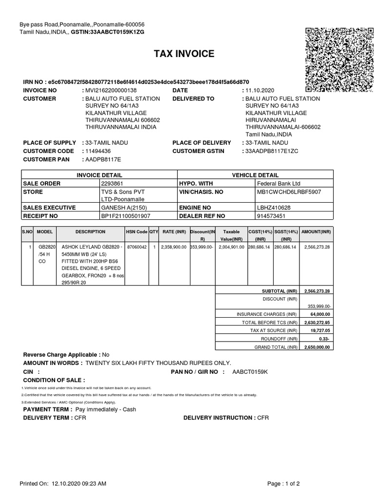 Ashok Leyland Truck Invoice | PDF | Invoice | Business