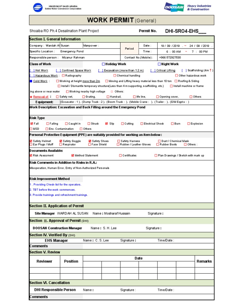 DS EHS FM 009 Work Permit General | PDF | Personal Protective Equipment ...