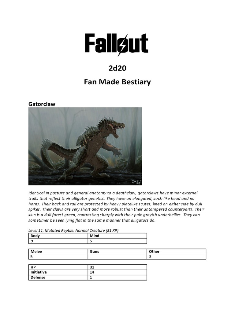 Fallout: 2d20 Fan Made Bestiary | PDF | Senses | Predation