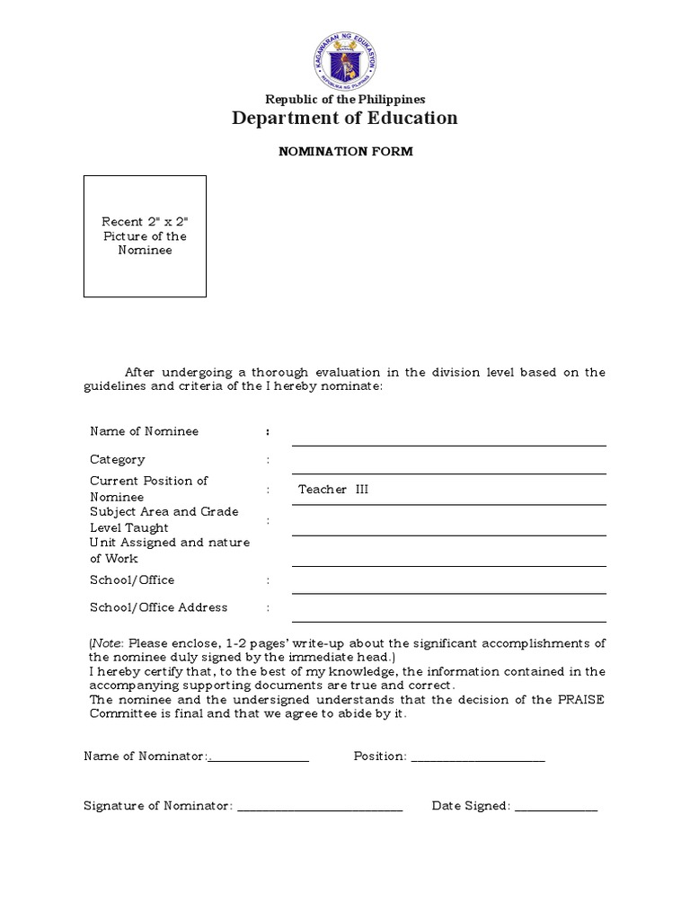 Teacher Nomination Form Template | PDF