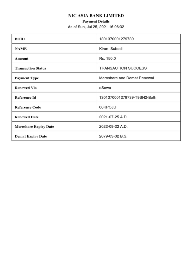 Nic Asia Bank Limited: Payment Details | PDF