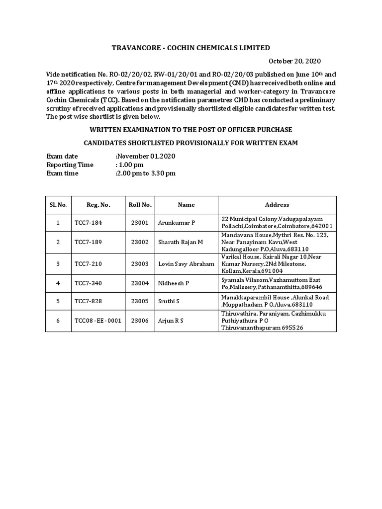 TCC Written Exam Shortlist | PDF | Kerala | Entertainment (General)
