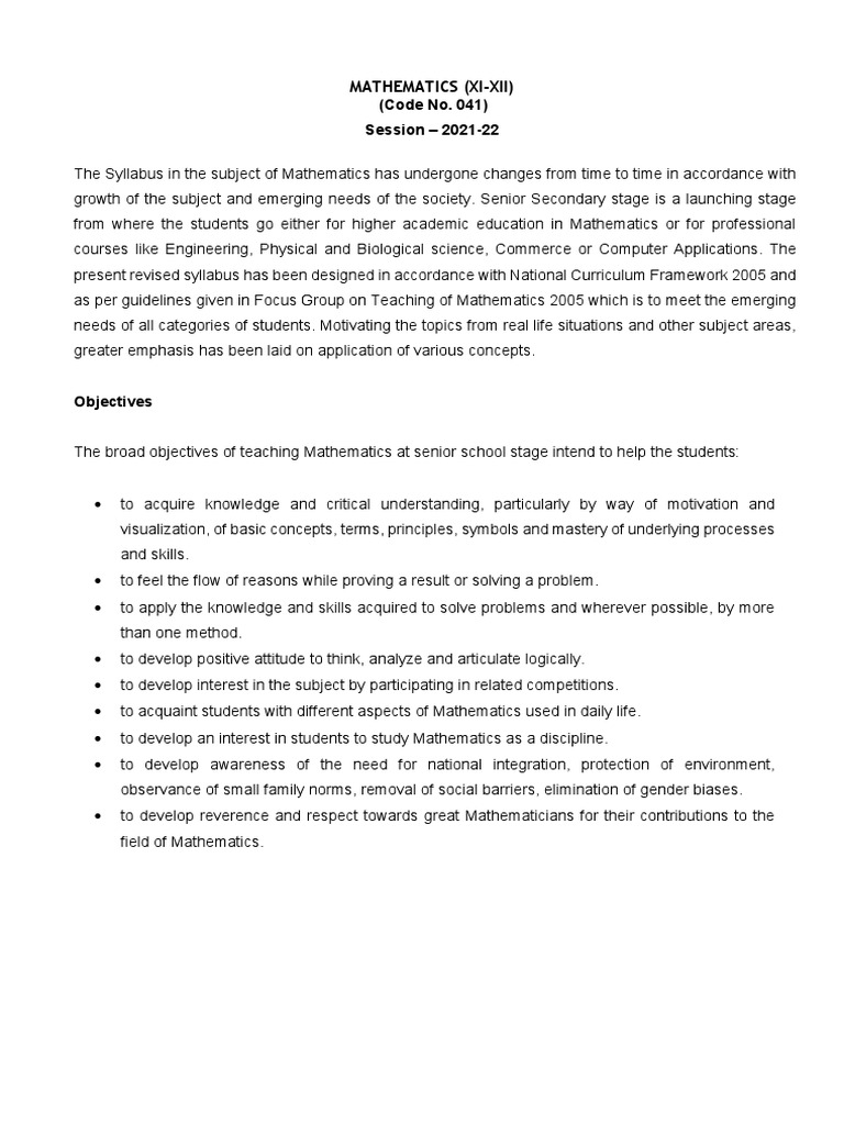 Mathematics (Xi-Xii) : (Code No. 041) Session - 2021-22 | PDF | Matrix ...