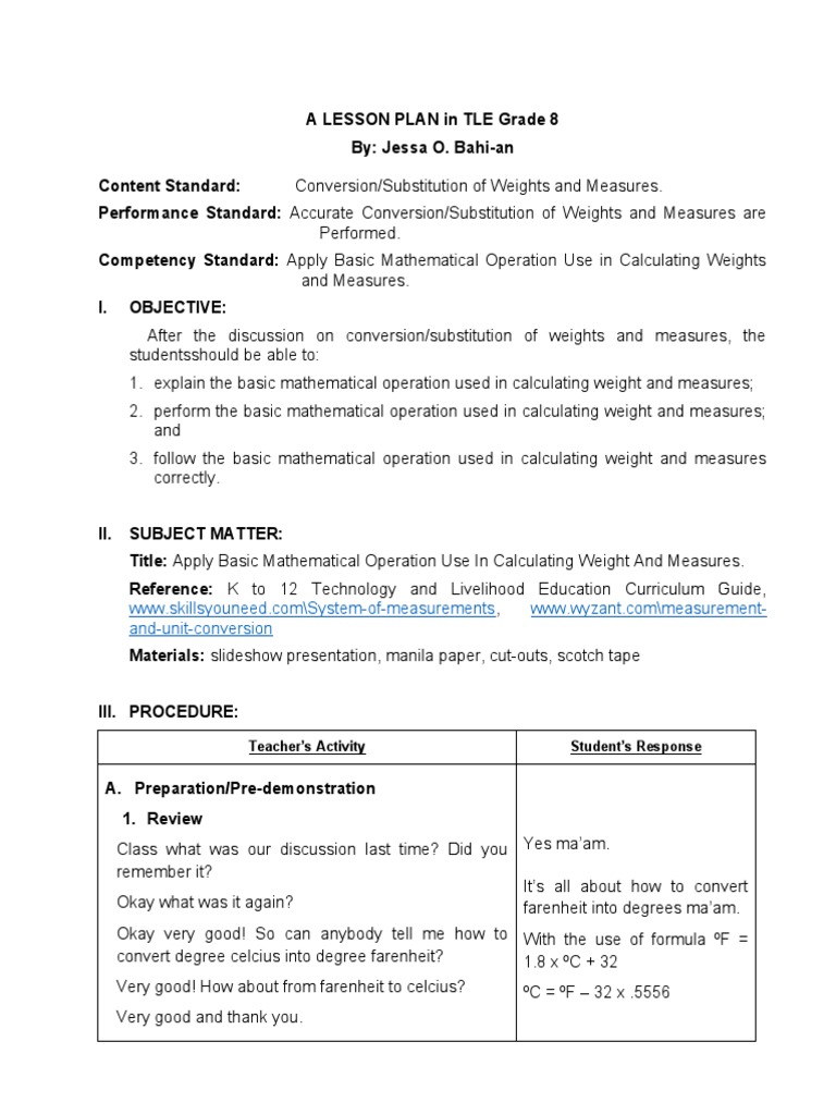 Lesson Plan in Foods (Conversion-Substitution of Weights and Measures ...