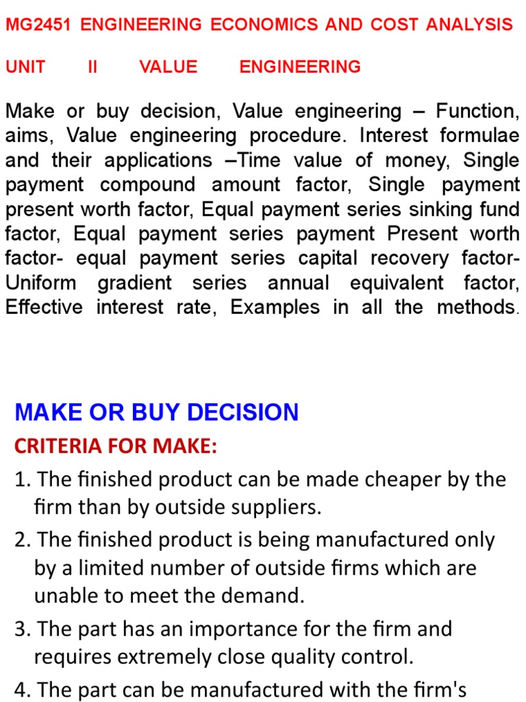 Mg2451 Engineering Economics and Cost Analysis Unit II Value ...