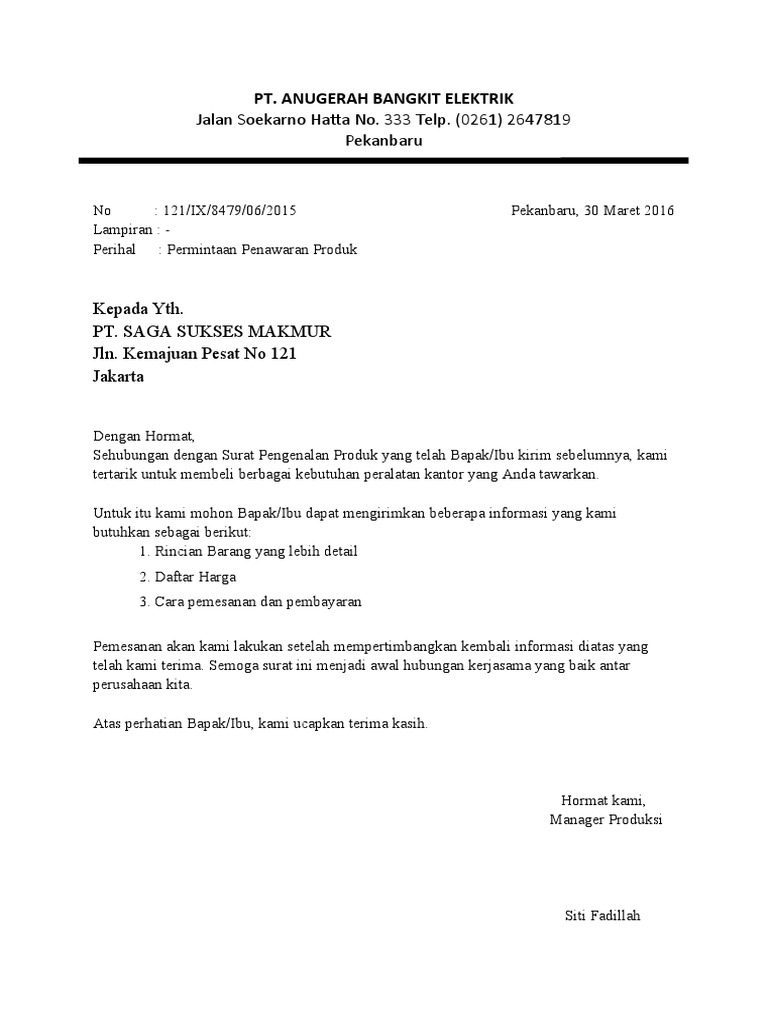 Surat Permintaan Penawaran | PDF