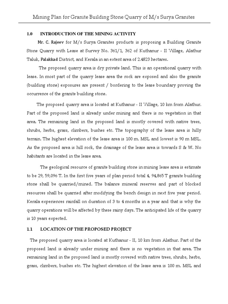 Mining Plan For Granite Building Stone Quarry of M/s Surya Granites ...