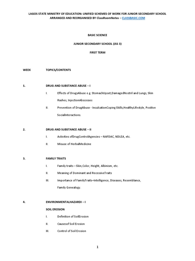 Basic Science Scheme of Work For Junior Secondary School JSS 3 | PDF ...