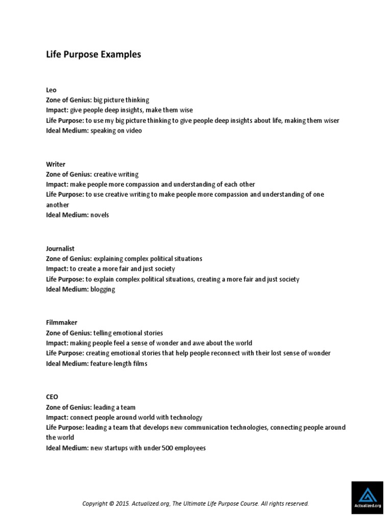 Life Purpose Examples | PDF | Genius | Emotions