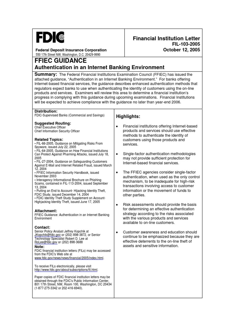 FFIEC Guidance on Authentication for Online Banking | PDF ...