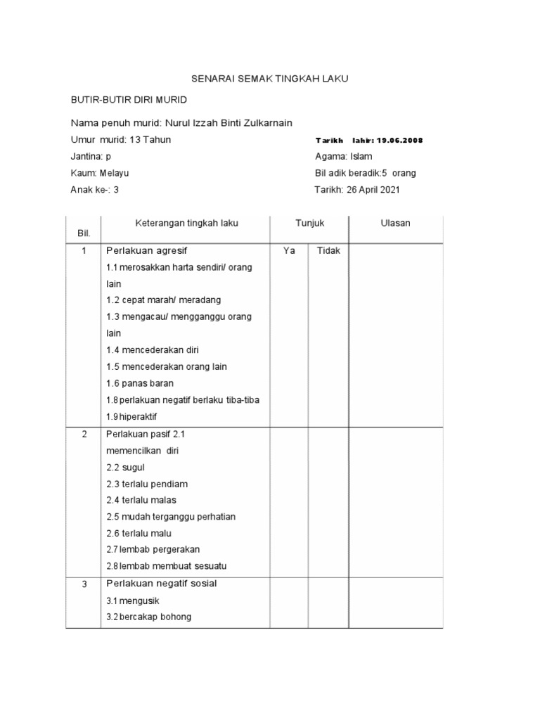Contoh Senarai Semak RPI | PDF