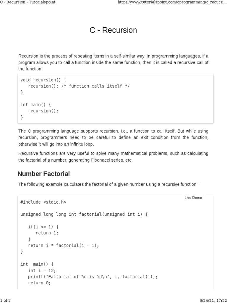 C - Recursion - Tutorialspoint | PDF | Recursion | Subroutine