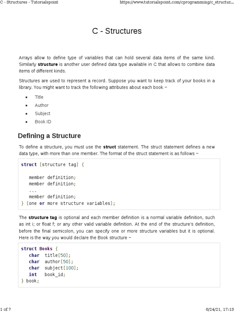 C - Structures - Tutorialspoint | PDF | Pointer (Computer Programming) | Integer (Computer Science)