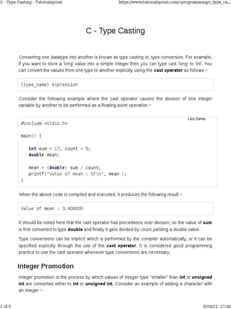 C Type Casting Tutorialspoint Pdf Integer Computer Science