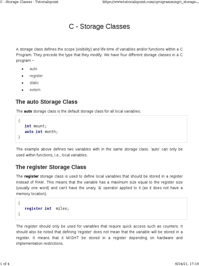 C Storage Classes Tutorialspoint Pdf Class Computer Programming Scope Computer Science