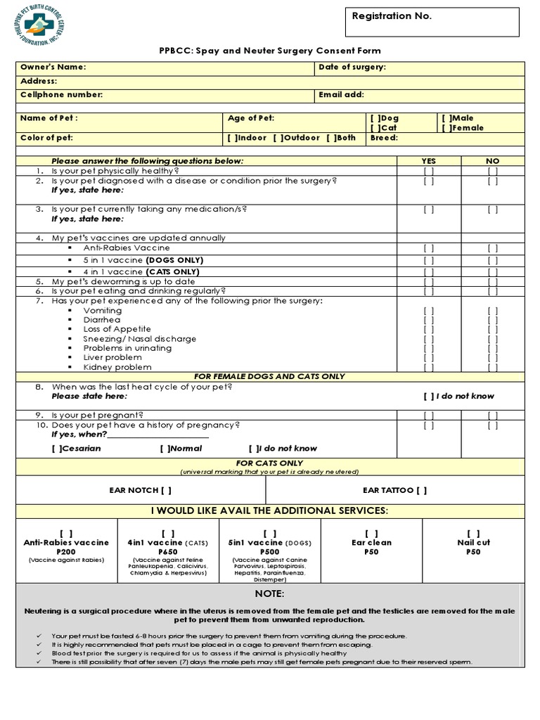 PPBCC: Spay and Neuter Surgery Consent Form: Please Answer The ...