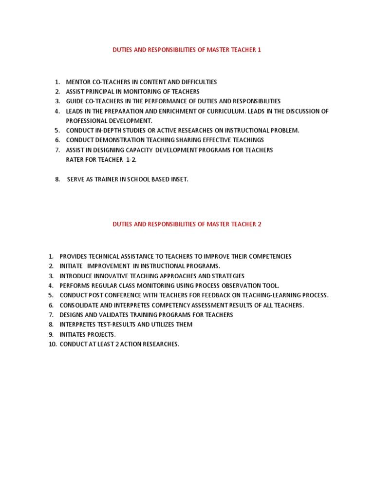 Duties and Responsibilities of Master Teacher 1 and MT - 2. | PDF ...